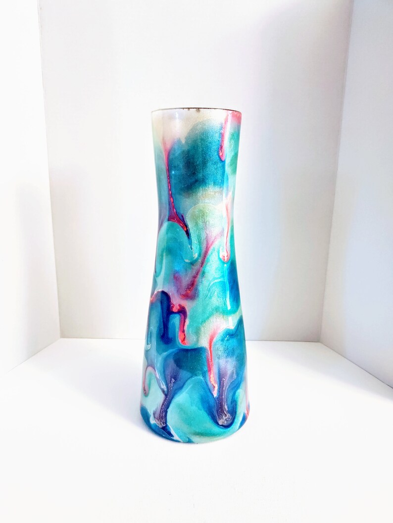 Vase, 10 Inch Hand Painted Blue, Coral, and White Glass Vase, Resin ...