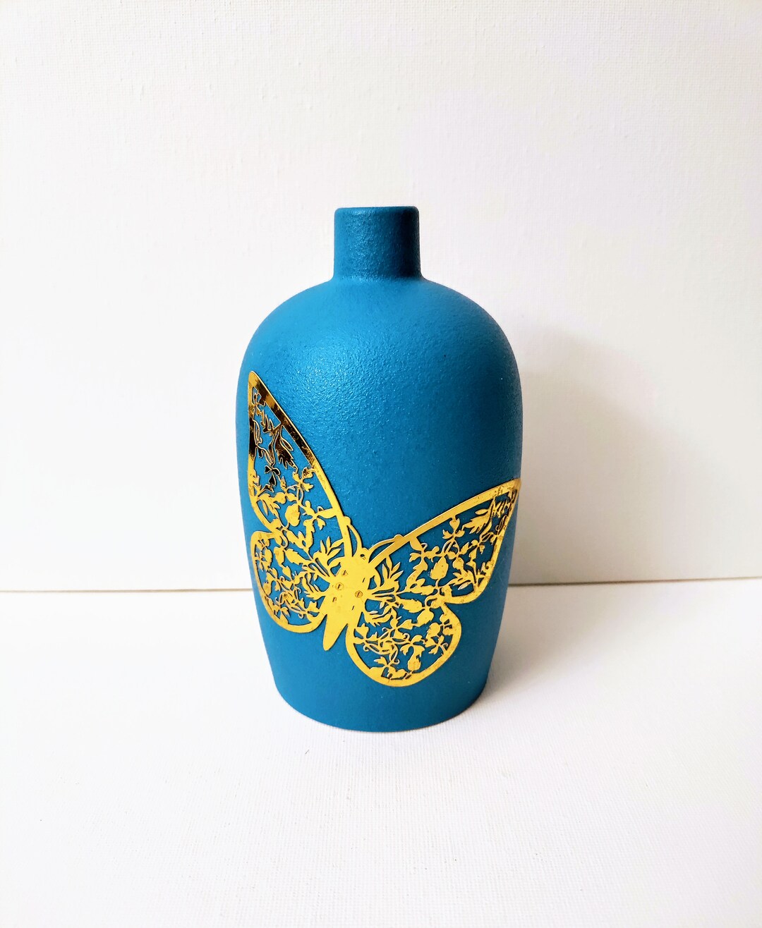 Bud Vase, Blue Bud Vase With Gold Butterfly, Small Blue Ceramic Vase, 5 ...