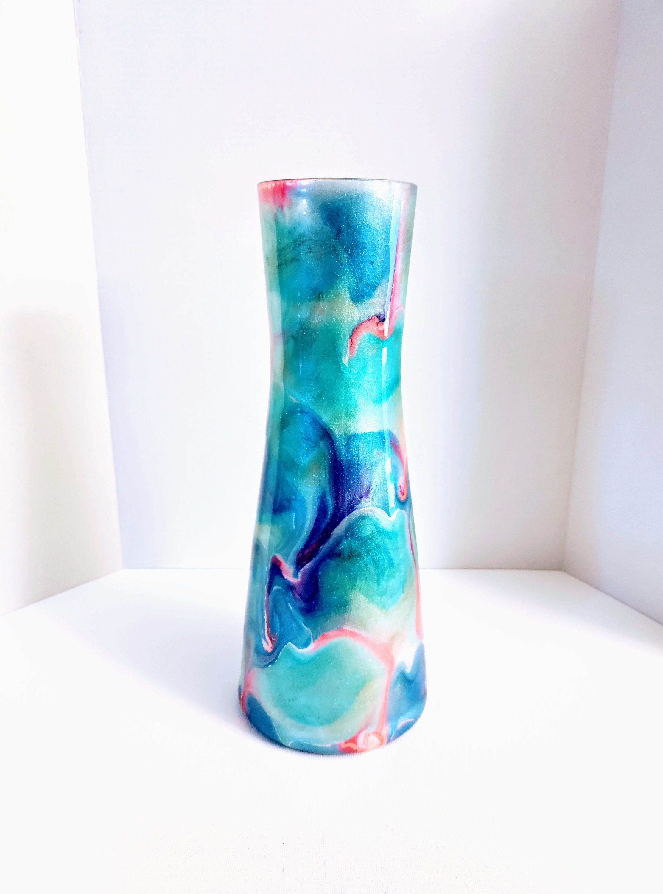 Vase, 10 Inch Hand Painted Blue, Coral, and White Glass Vase, Resin ...