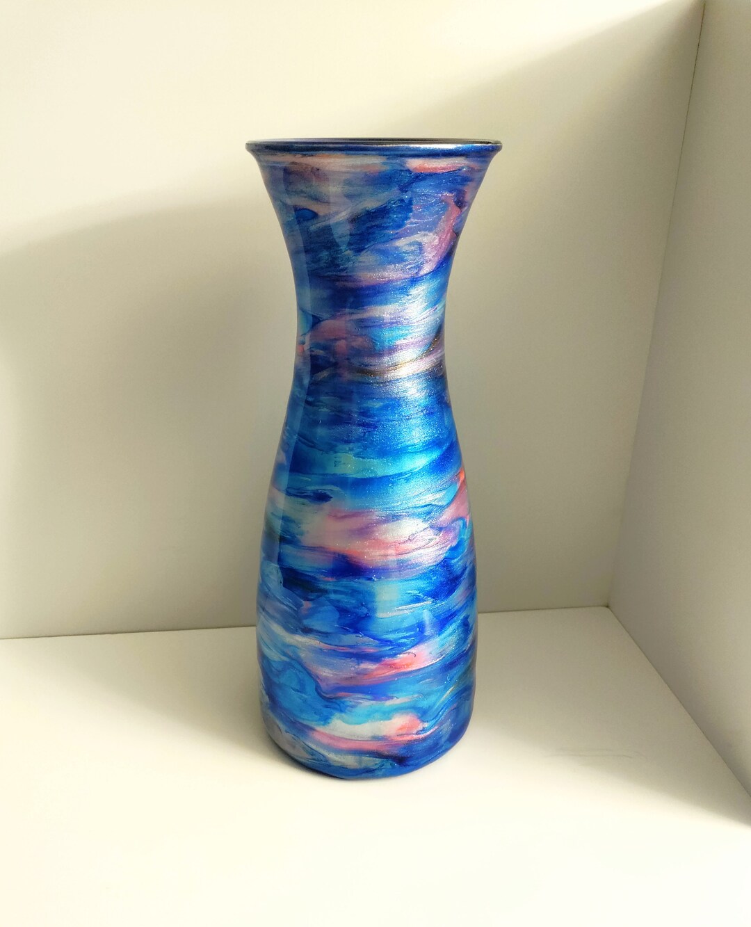 10 Inch Hand Painted Glass Vase Bright Vivid Blue Resin Vase 10 Inch ...