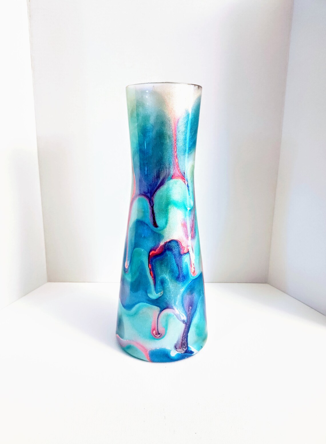 Vase, 10 Inch Hand Painted Blue, Coral, and White Glass Vase, Resin ...