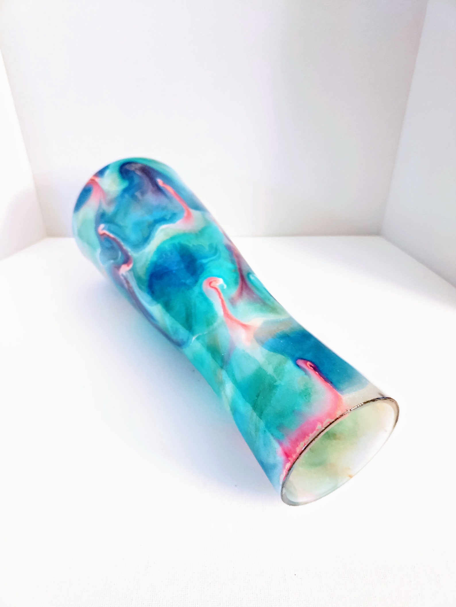 Vase, 10 Inch Hand Painted Blue, Coral, and White Glass Vase, Resin ...