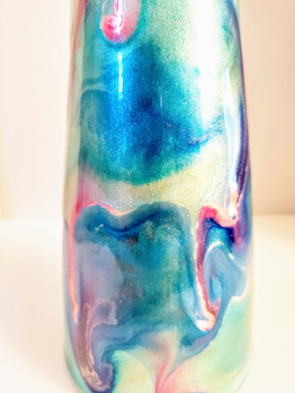 Vase, 10 Inch Hand Painted Blue, Coral, and White Glass Vase, Resin ...