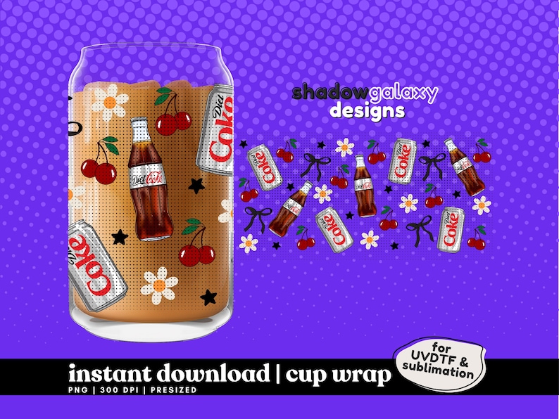 Diet Cola Cherry Floral Bow - Digital 16oz Cup Wrap Libbey Glass Can ...