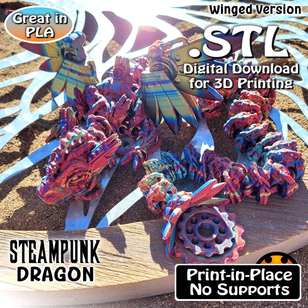 Steampunk Dragon STL Print Files, Articulating Flexi Wiggle Pet, Print ...