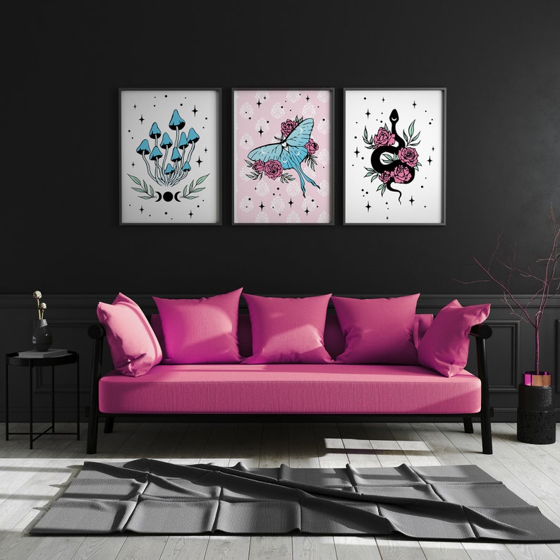 Witchy Pastel Goth Gallery Wall Art Print Set, Black and Pink Printable ...