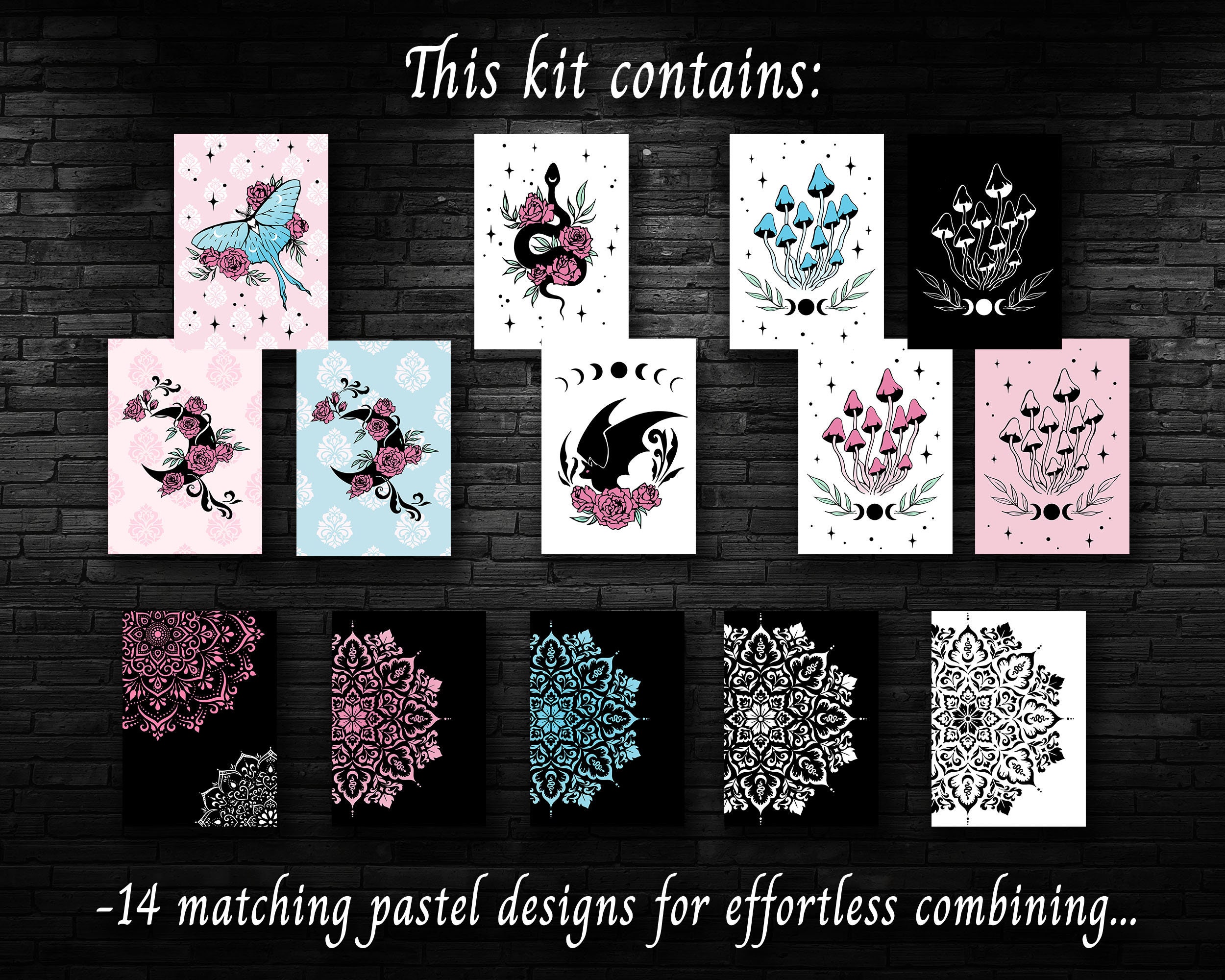Witchy Pastel Goth Gallery Wall Art Print Set, Black and Pink Printable ...