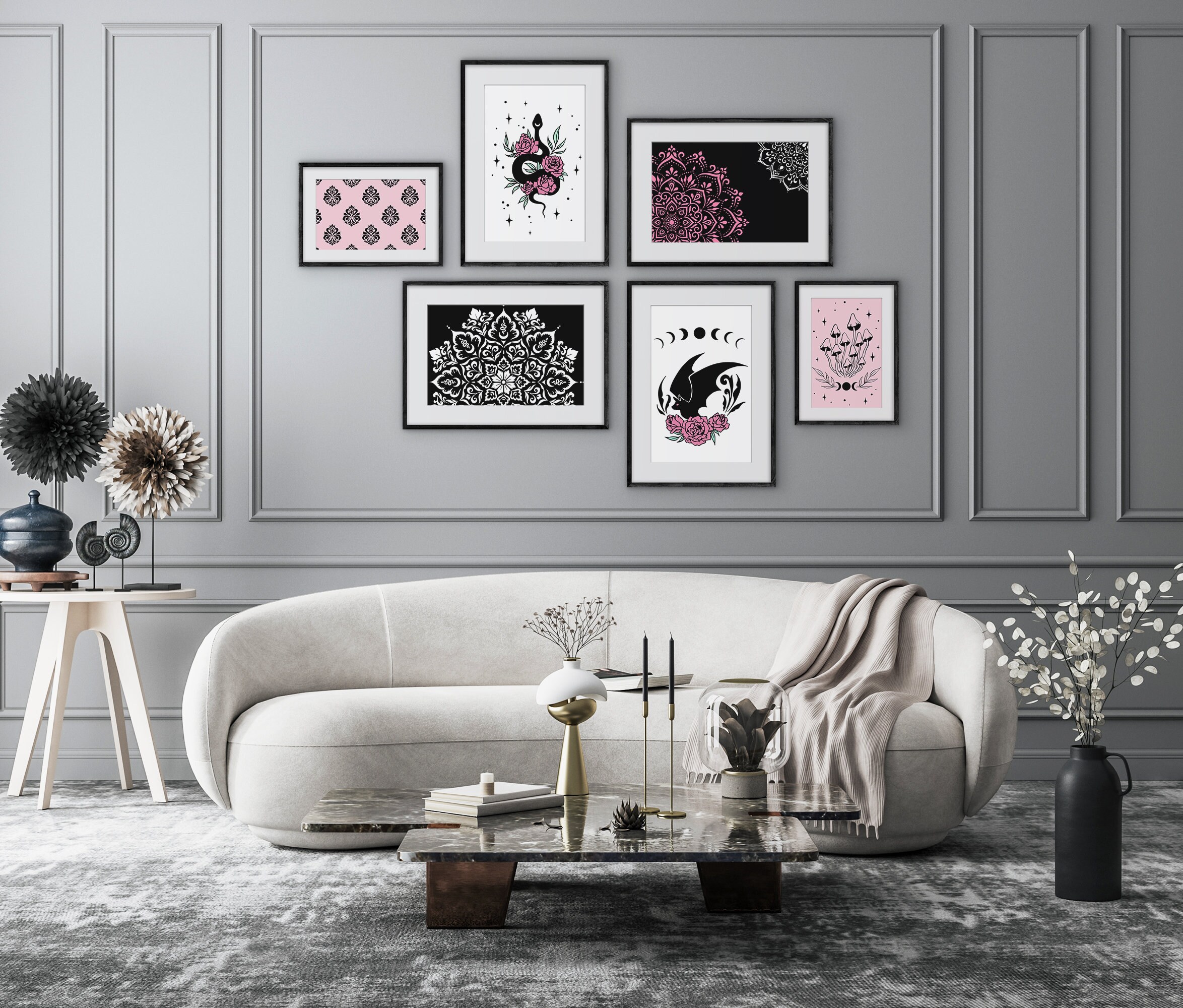 Witchy Pastel Goth Gallery Wall Art Print Set, Black and Pink Printable ...