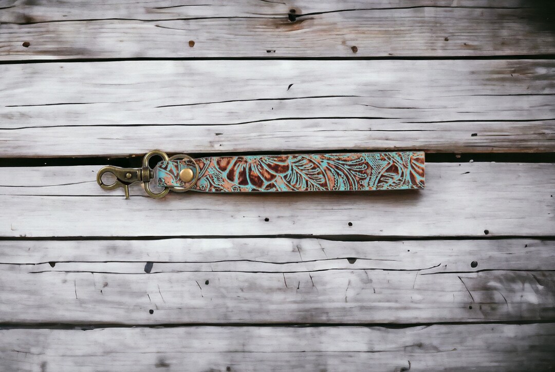 Tooled Leather Key Fob Teal Turquoise Floral Wristlet Strap Key Chain ...
