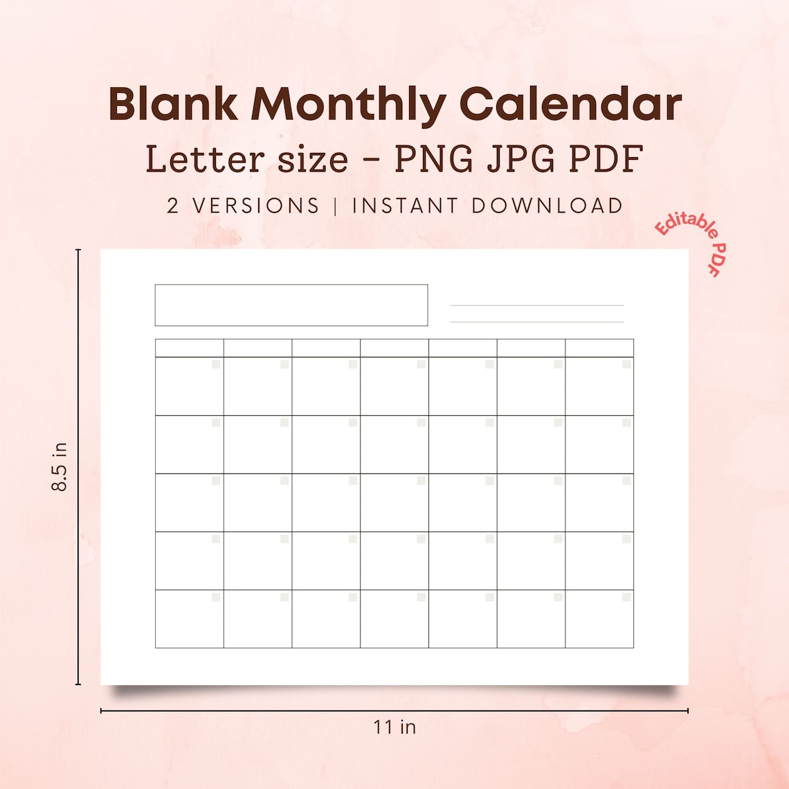 8.5 X 11 Inch Blank Calendar Page Template, INSTANT DOWNLOAD, Includes ...