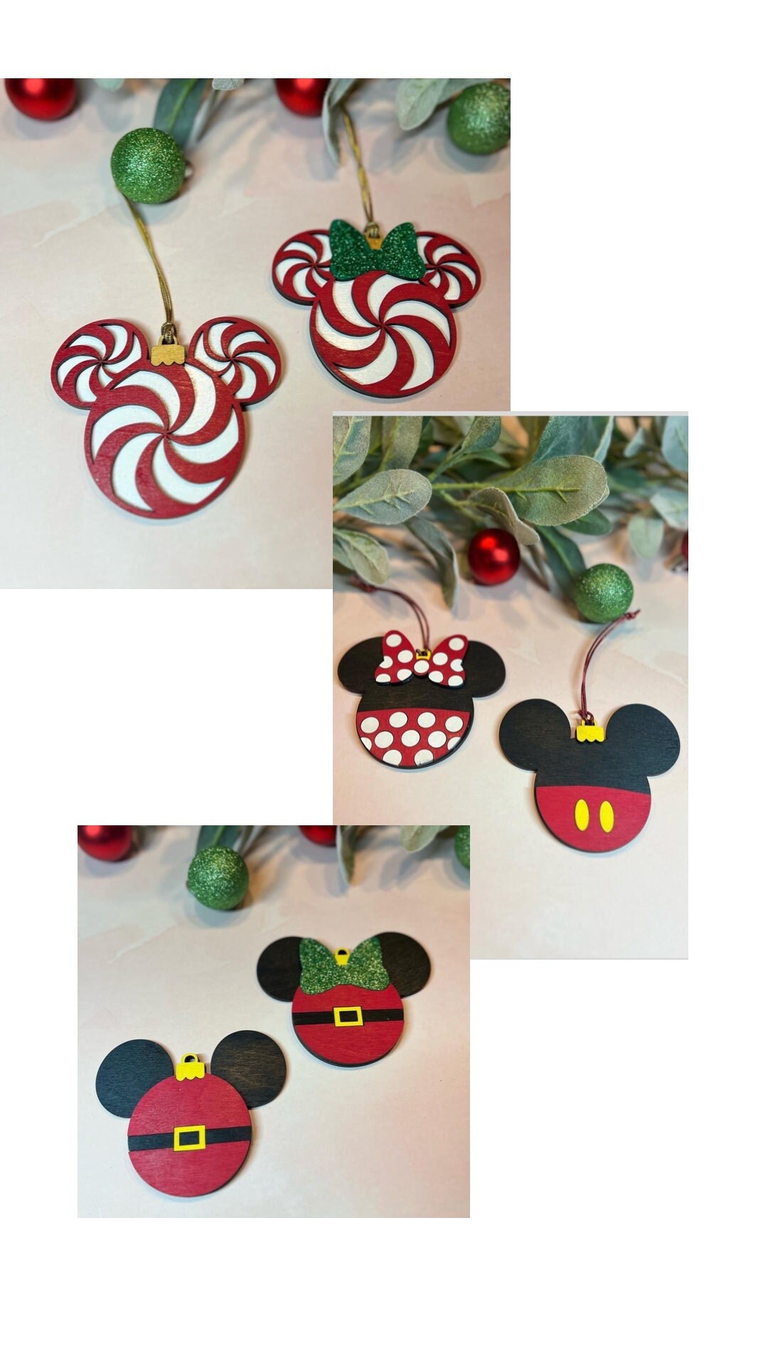 Mickey and Minnie Candy Cane Christmas Ornament Set, Laser Cut and Hand ...