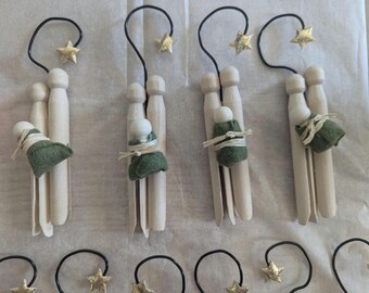 Clothespin Nativity Set Handpainted White Angel 8 Pieces Christmas ...