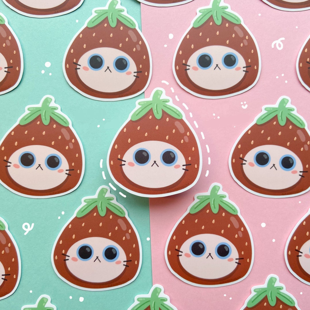Strawberry Cat Sticker | Matte Vinyl Waterproof Sticker | Strawberry ...