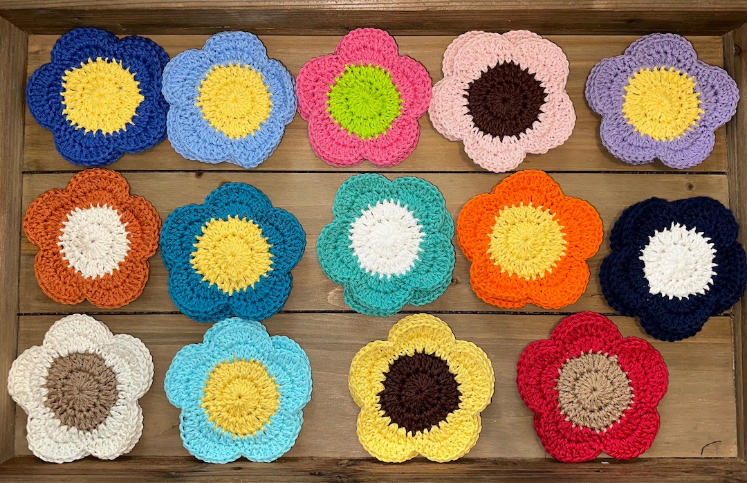 CROCHET DAISY COASTERS Handmade 100% Cotton. Set of 4 - Etsy