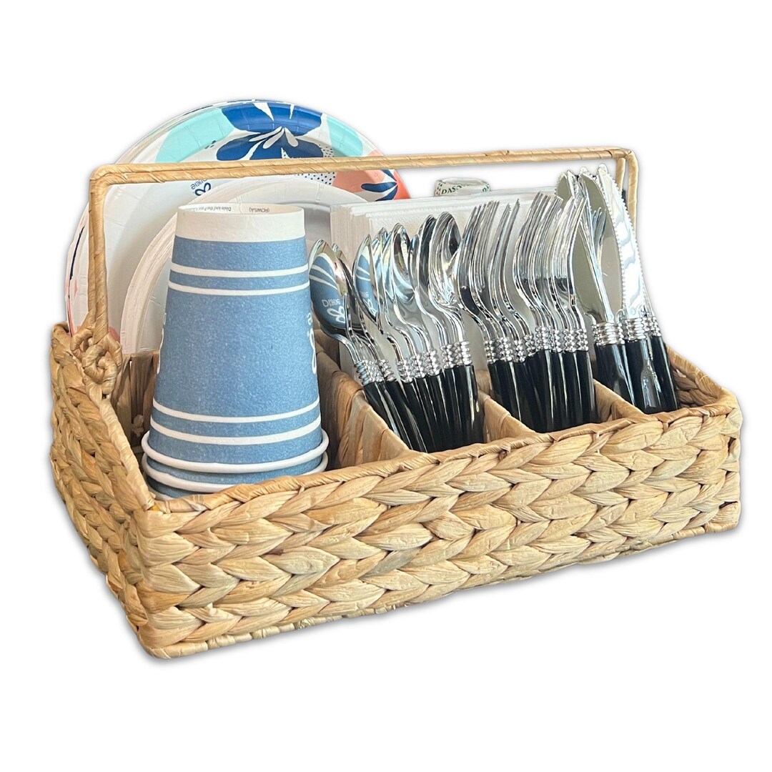 Wicker Utensil Caddy for Parties, Hand Woven Water Hyacinth Cutlery ...