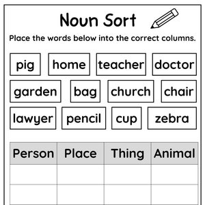 10 Printable Noun Sorting Worksheets, Nouns Practice Worksheets ...