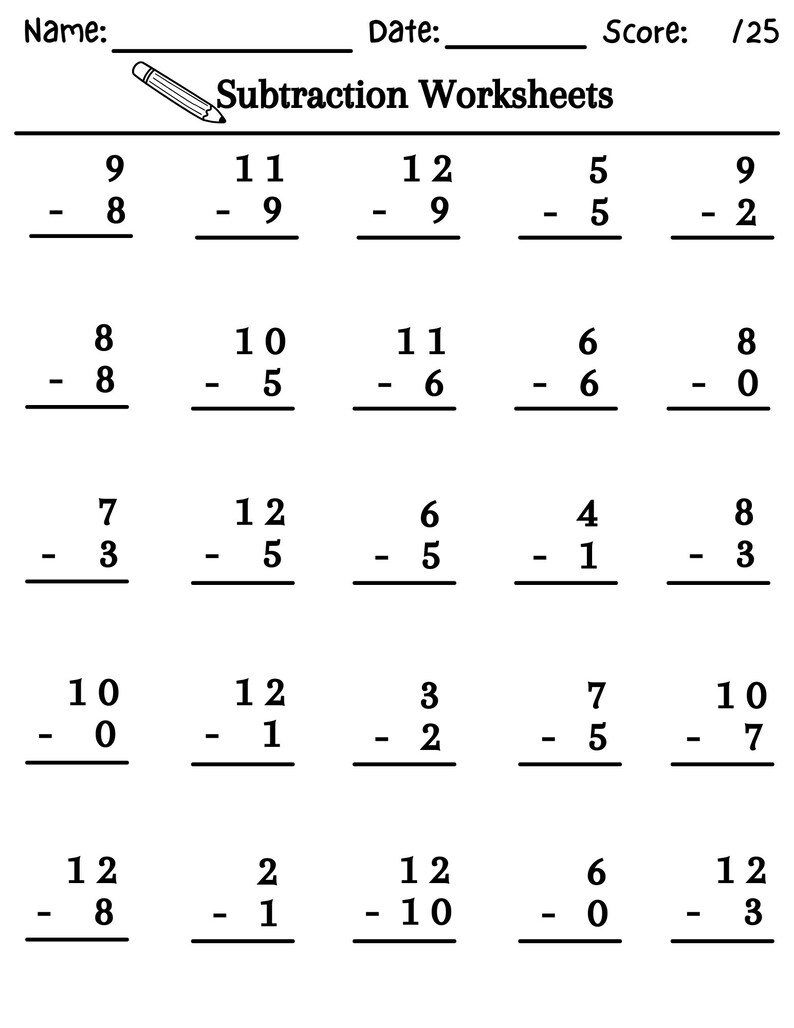 12 Printable Subtraction Worksheets Numbers 1-12 Subtraction - Etsy UK