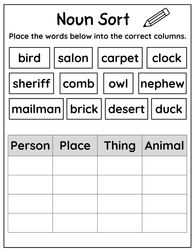 10 Printable Noun Sorting Worksheets Nouns Practice - Etsy