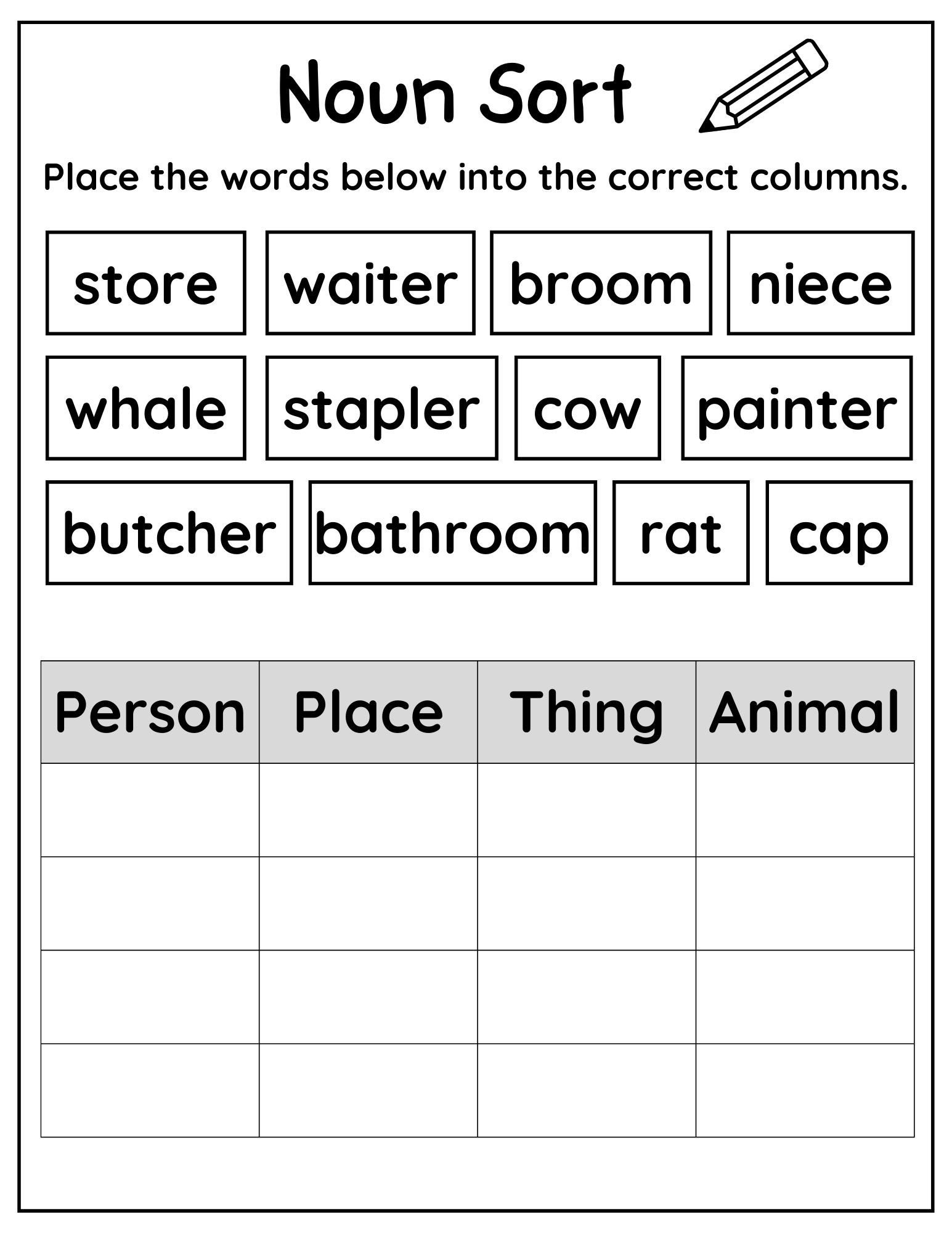 10 Printable Noun Sorting Worksheets, Nouns Practice Worksheets ...