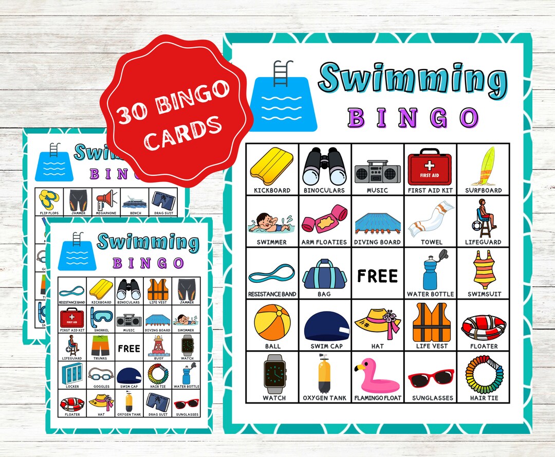 Swimming Bingo Printable Cards, Summer Bingo Cards, Pool Party Bingo ...