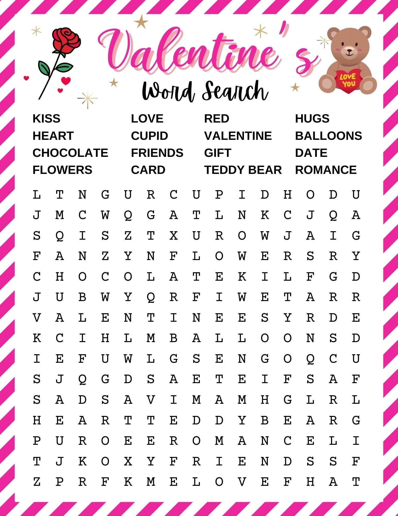Valentine's Day Word Search Game, Printable Valentine Game, Valentine ...