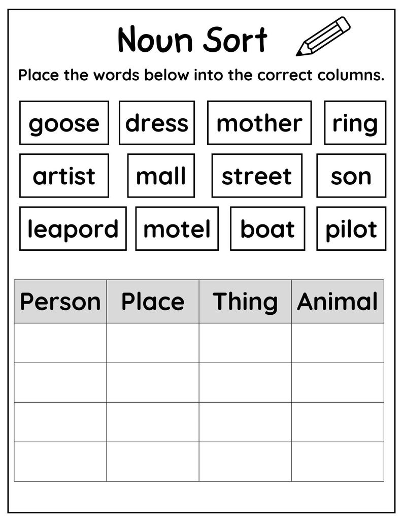 10 Printable Noun Sorting Worksheets Nouns Practice - Etsy Hong Kong