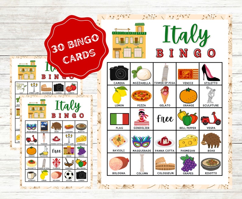 Italy Bingo Cards Instant Download, Italy Party Bingo Printable, Rome ...
