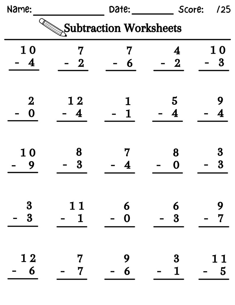 12 Printable Subtraction Worksheets Numbers 1-12, Subtraction ...