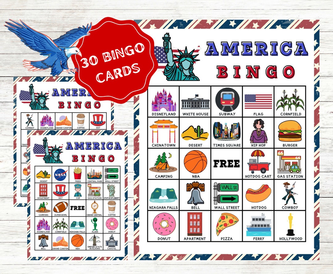 America Bingo Cards Instant Download, USA Party Bingo Games, United ...