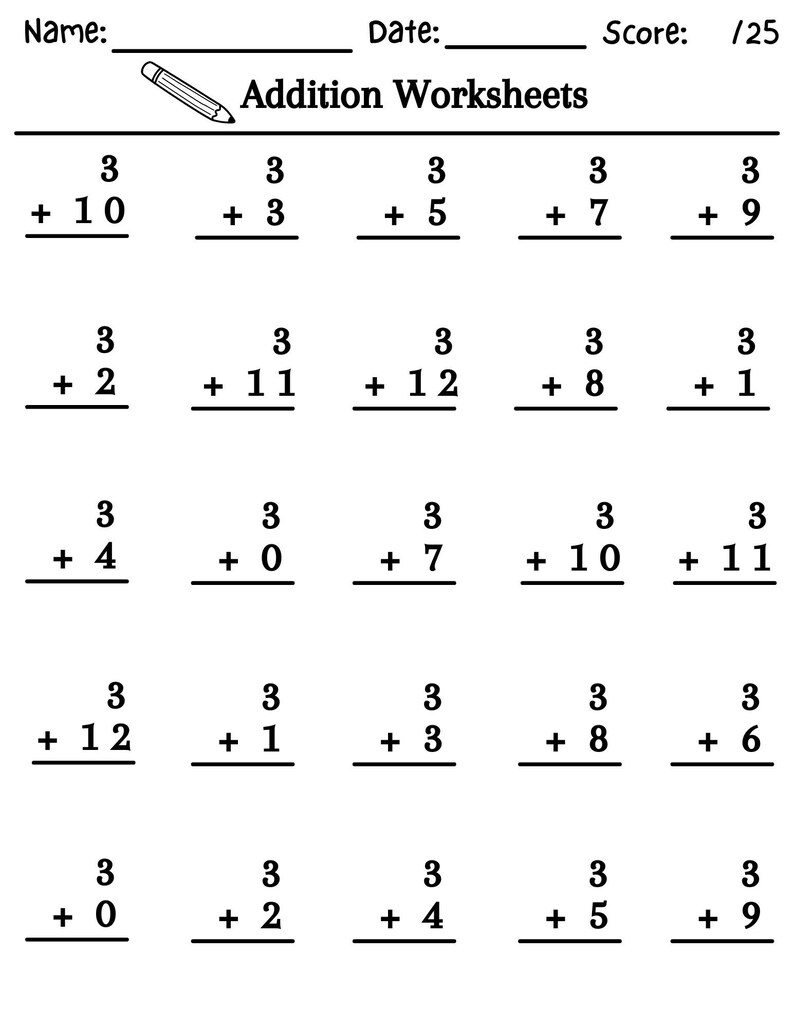 12 Printable Addition Worksheets Numbers 1-12 Addition - Etsy