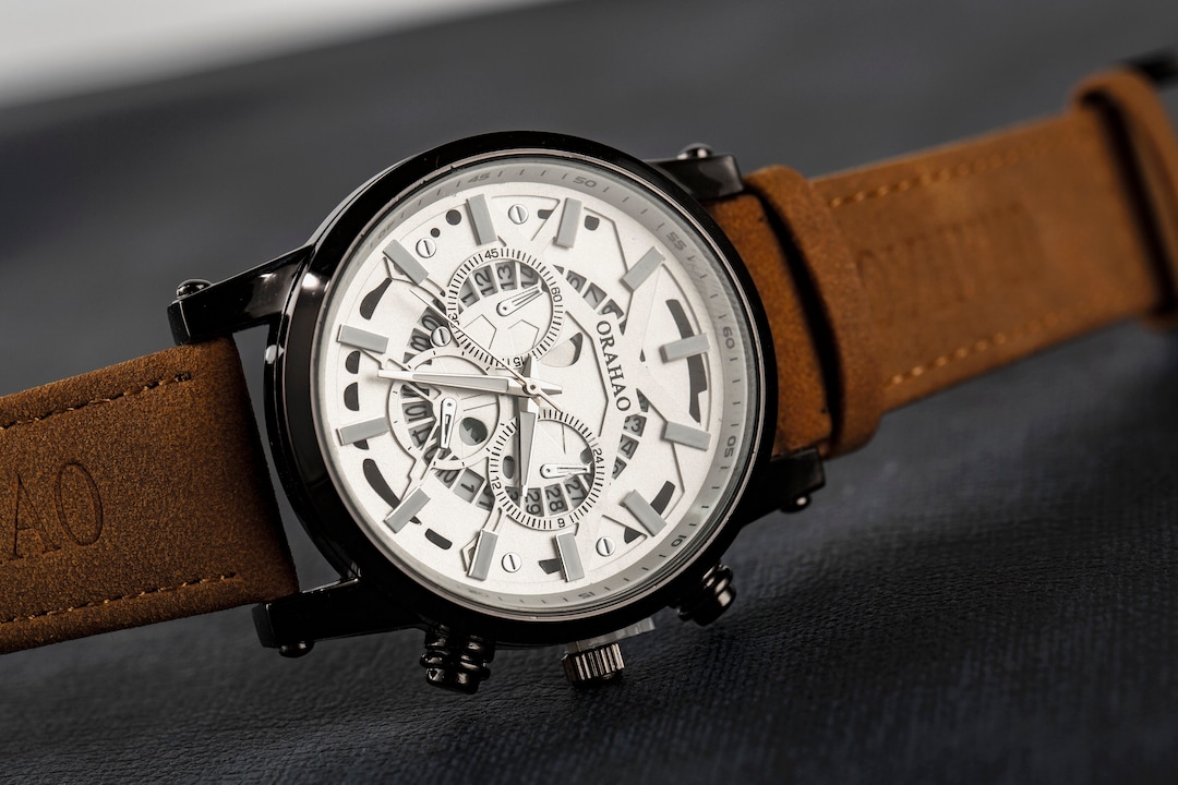 ORAHAO Mens Watches Quartz Movement Chronograph Leather Strap Fashion ...