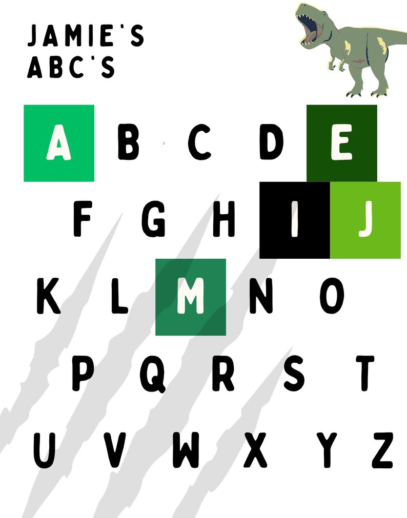 T-rex Dinosaur Personalized Alphabet Poster - 11x14 Custom Nursery Wall ...