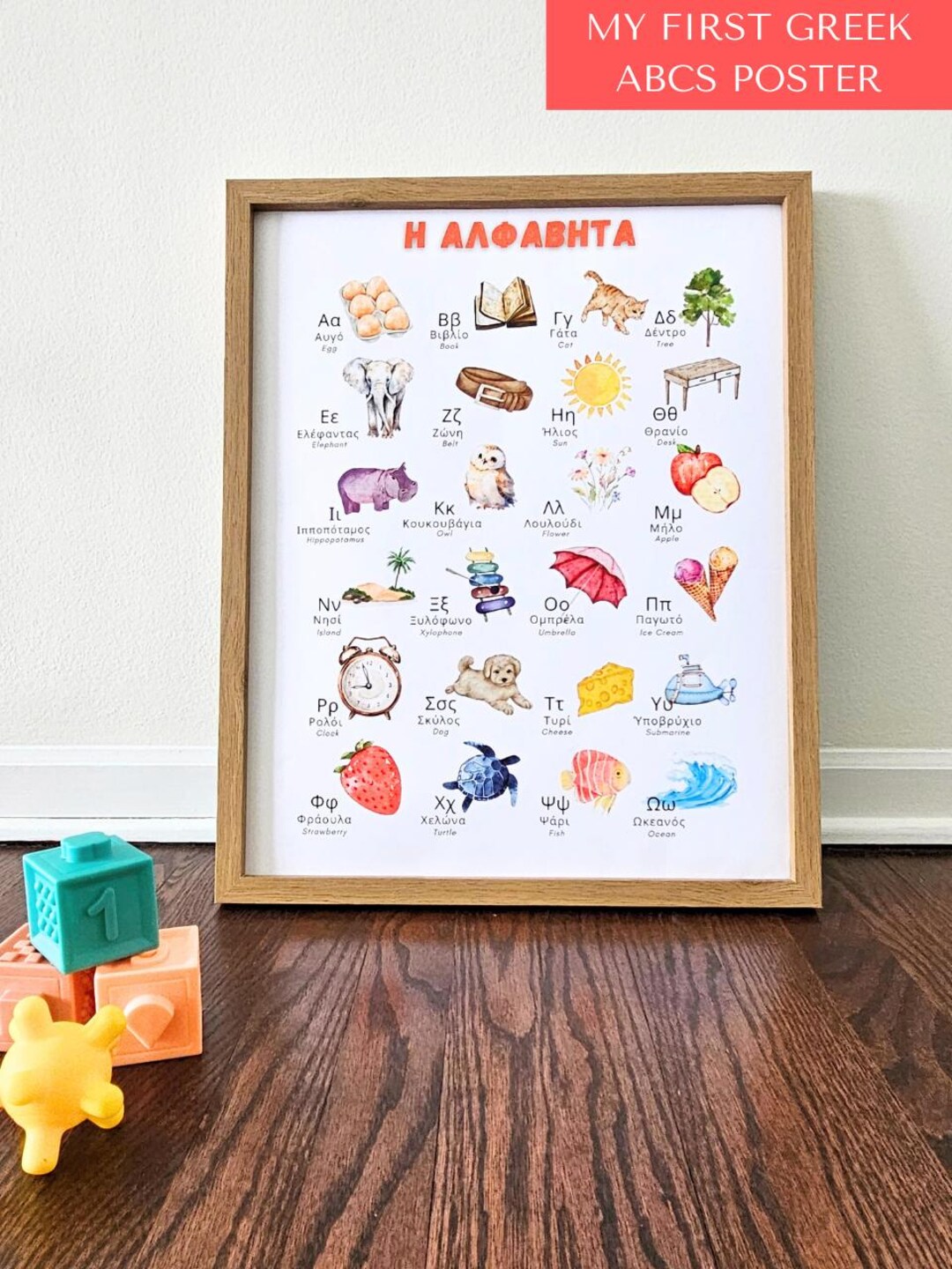 Greek Language Alphabet Poster With English Translation - Watercolor ...