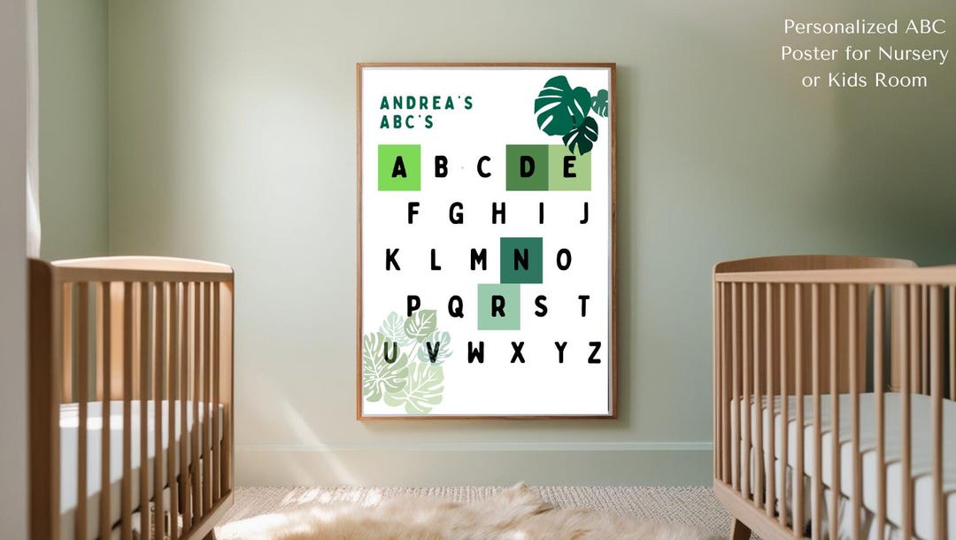 Cute Monstera Plant Personalized Alphabet Poster, Green and White ...