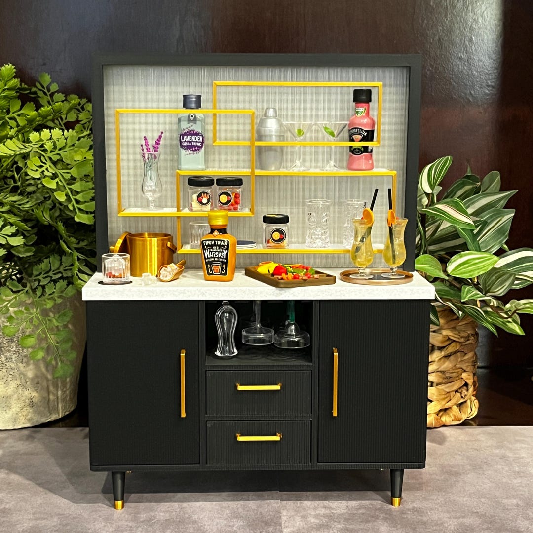 Black Mid-century Modern Miniature Bar - Black With Gold Hardware, 1/6 ...