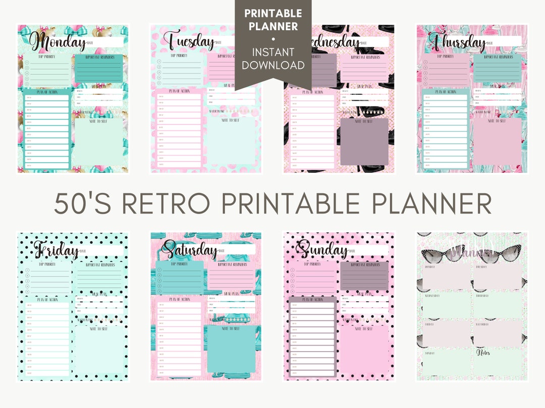 50's Planner, Retro, Pin Up, Printable Planner, Daily Planner, Weekly ...