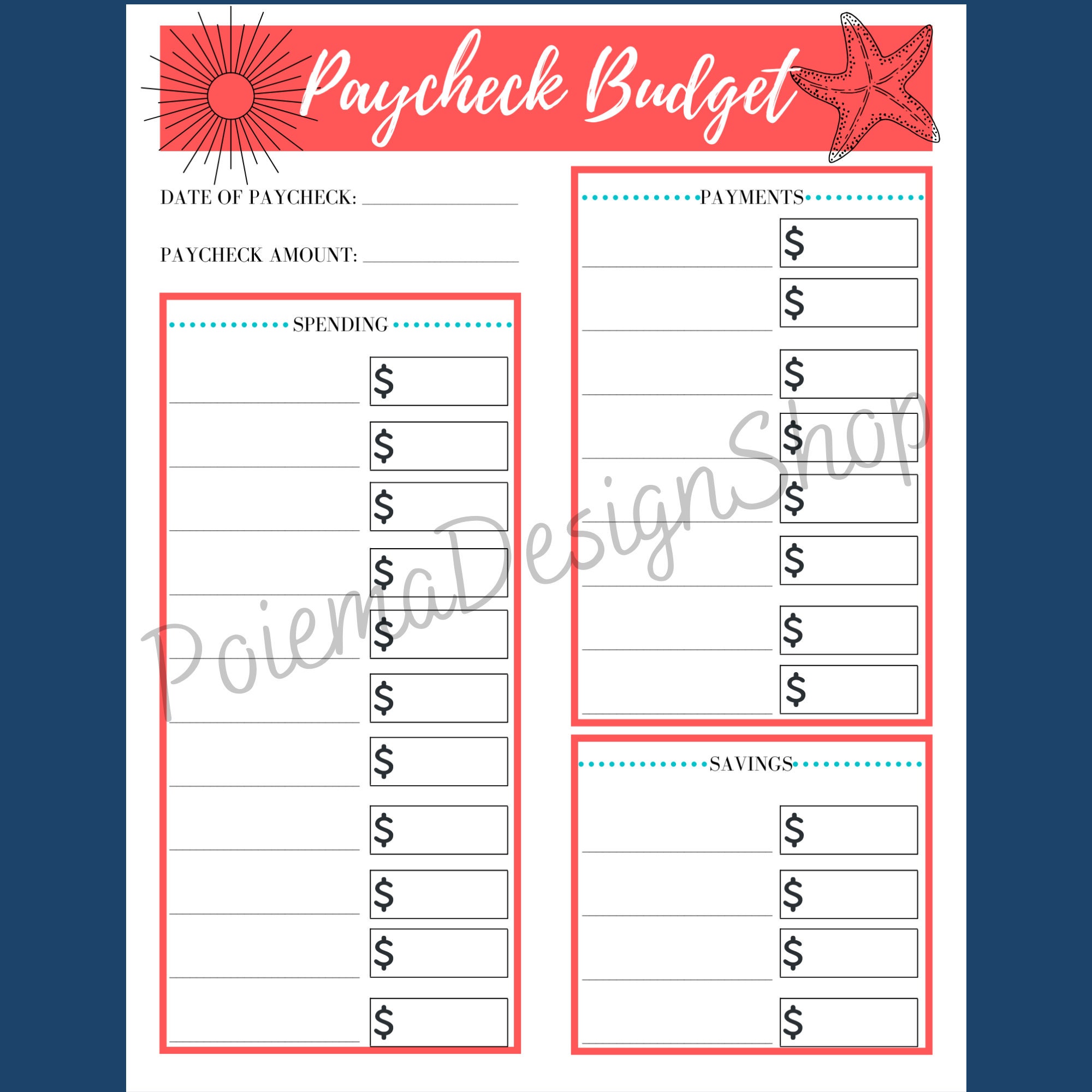 Printable Paycheck Budget - Etsy