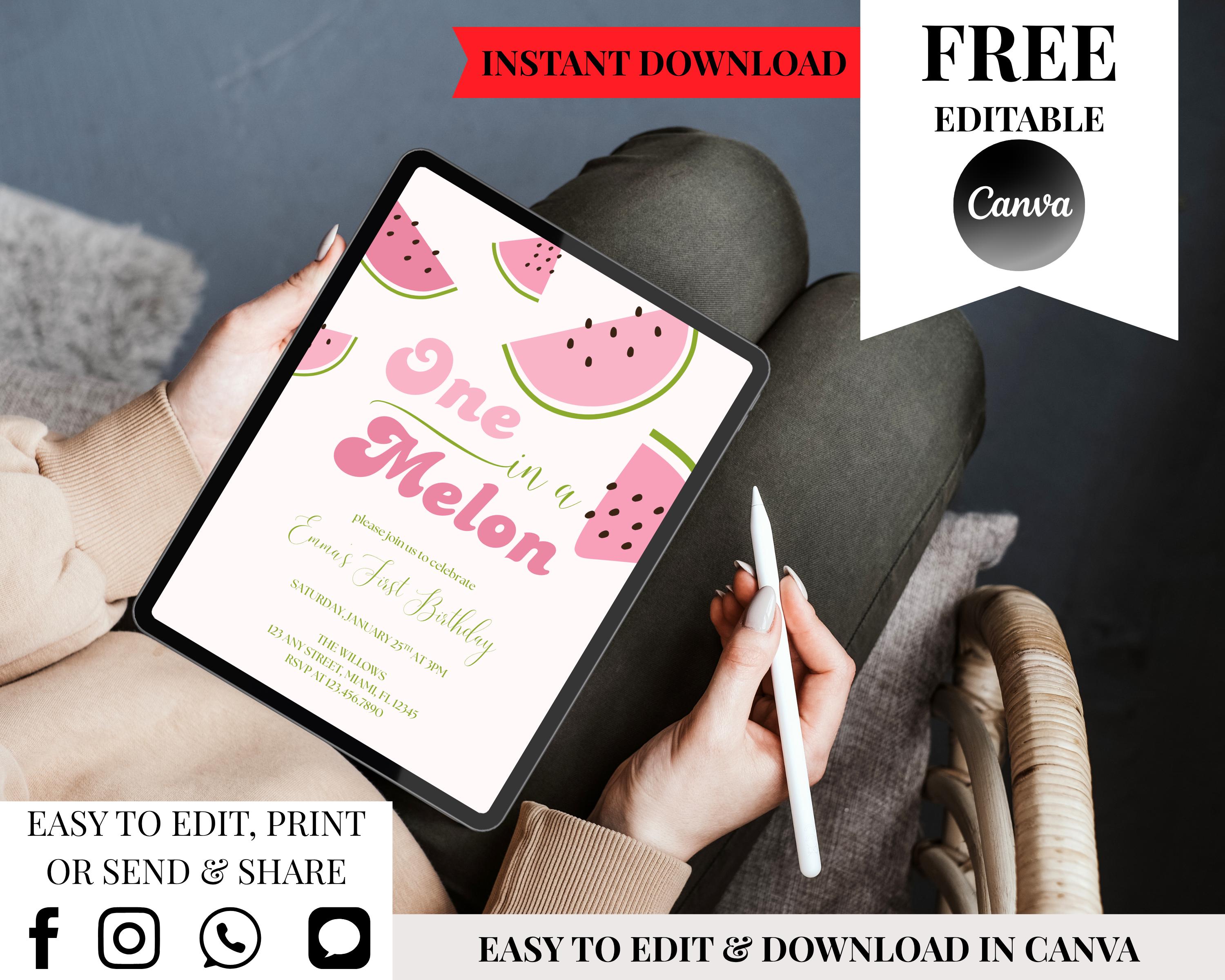 Watermelon First Birthday Invitation: Editable Canva Template (digital ...