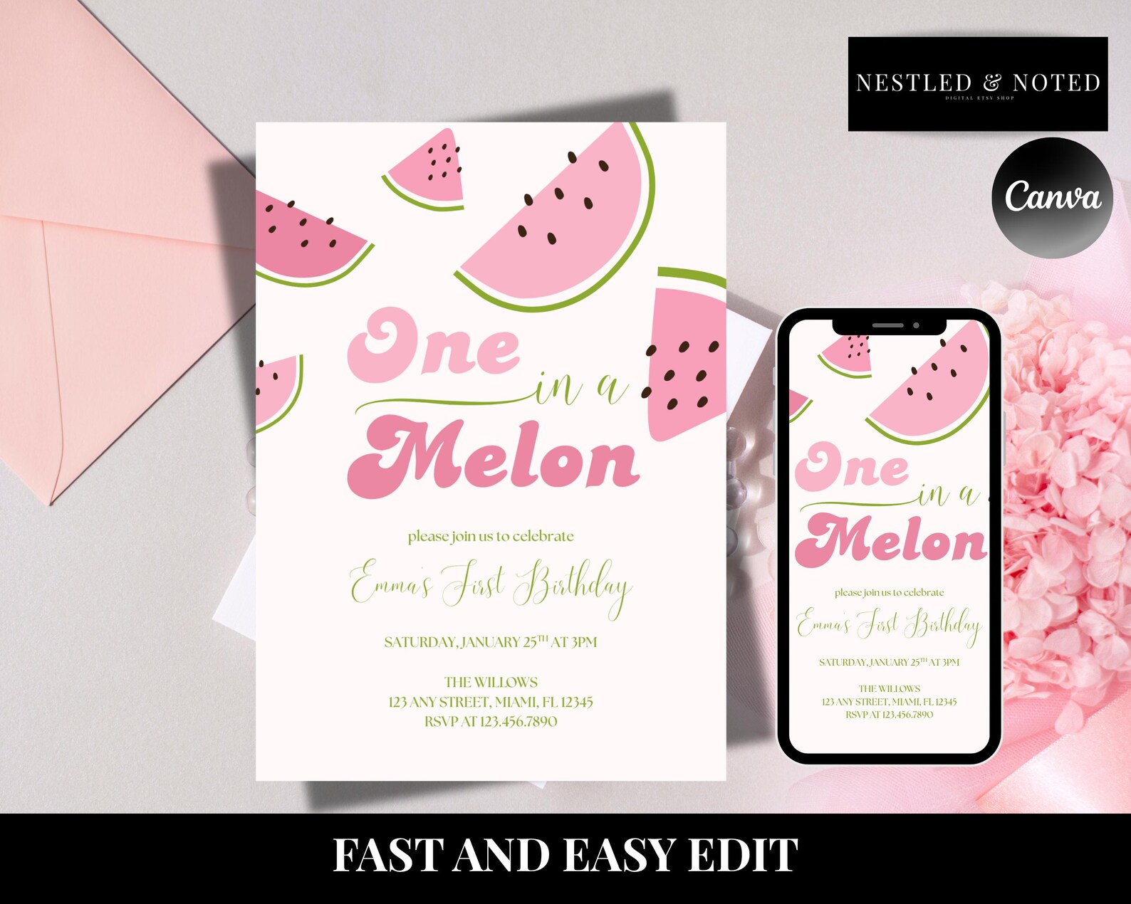 Watermelon First Birthday Invitation: Editable Canva Template (digital ...