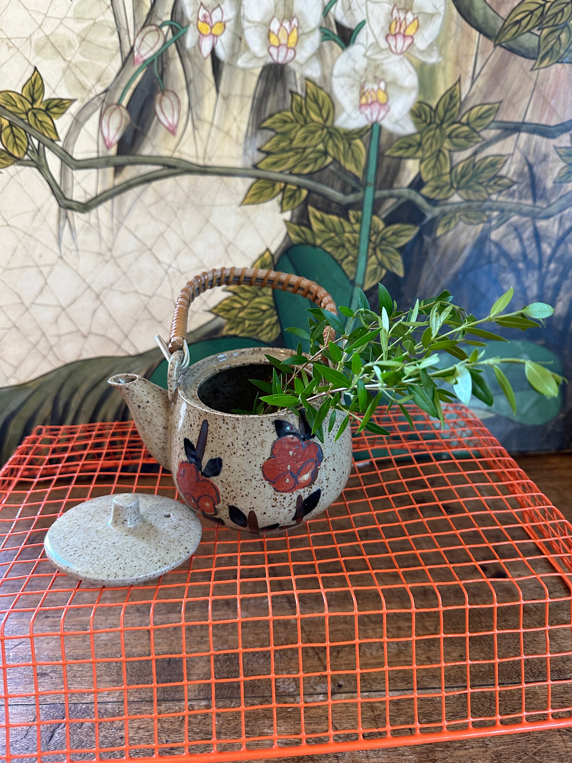 Japanese | Teapot | Wicker Handle | Pottery | Floral | MCM | Bohemian ...