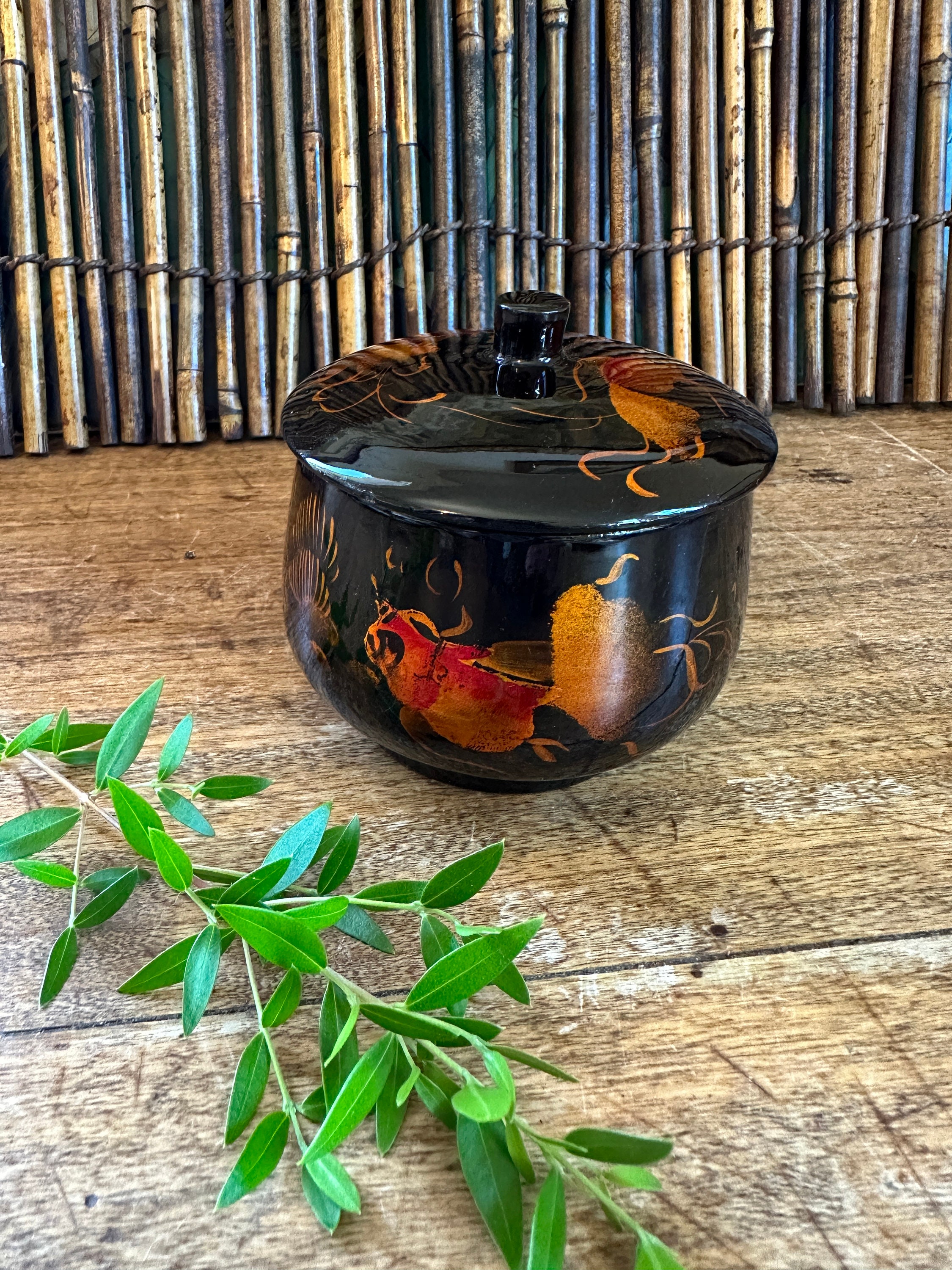 Black Lacquered Box Vietnamese Gold Fish Hand Painted Round Pedestal ...