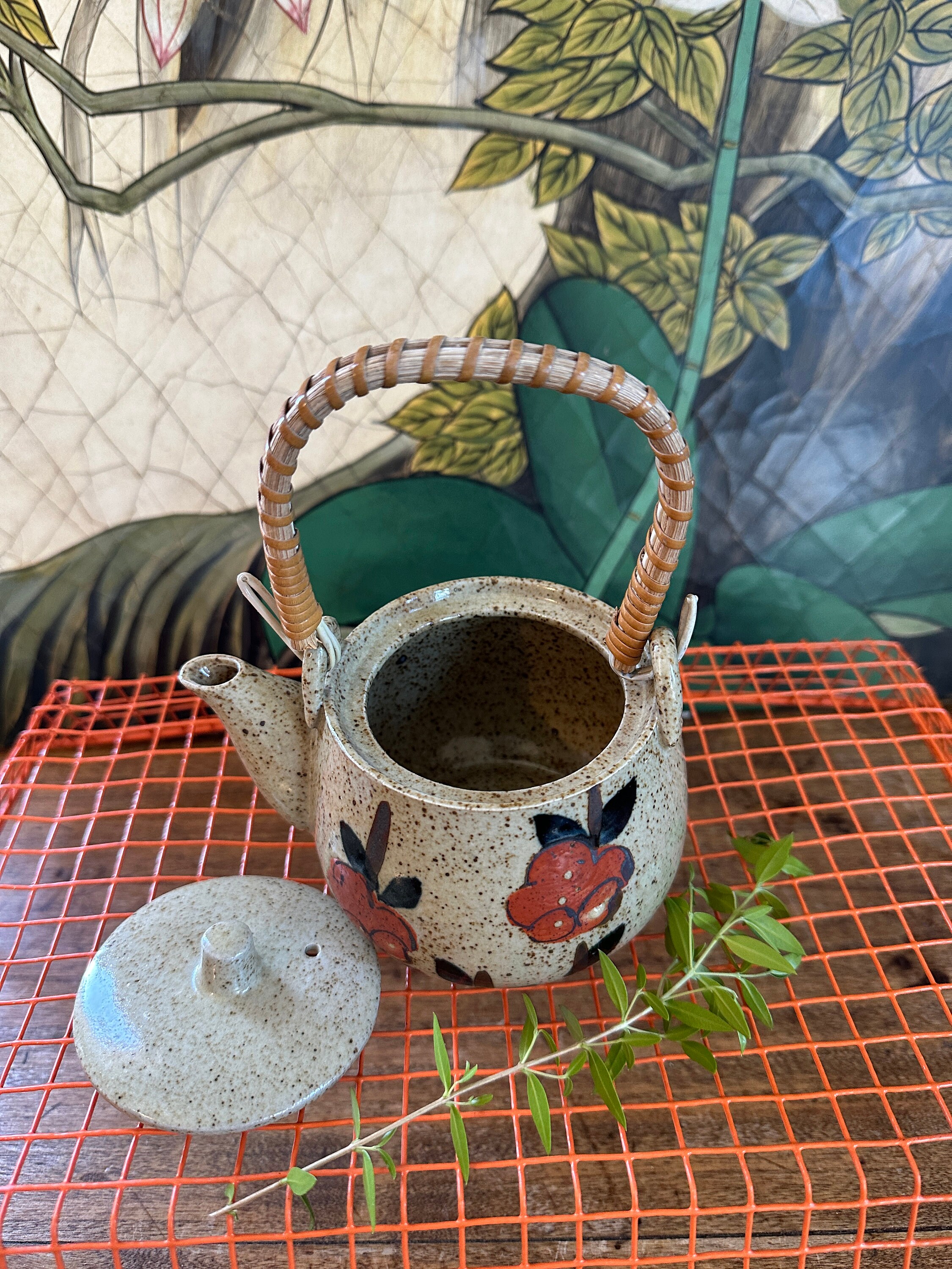 Japanese | Teapot | Wicker Handle | Pottery | Floral | MCM | Bohemian ...