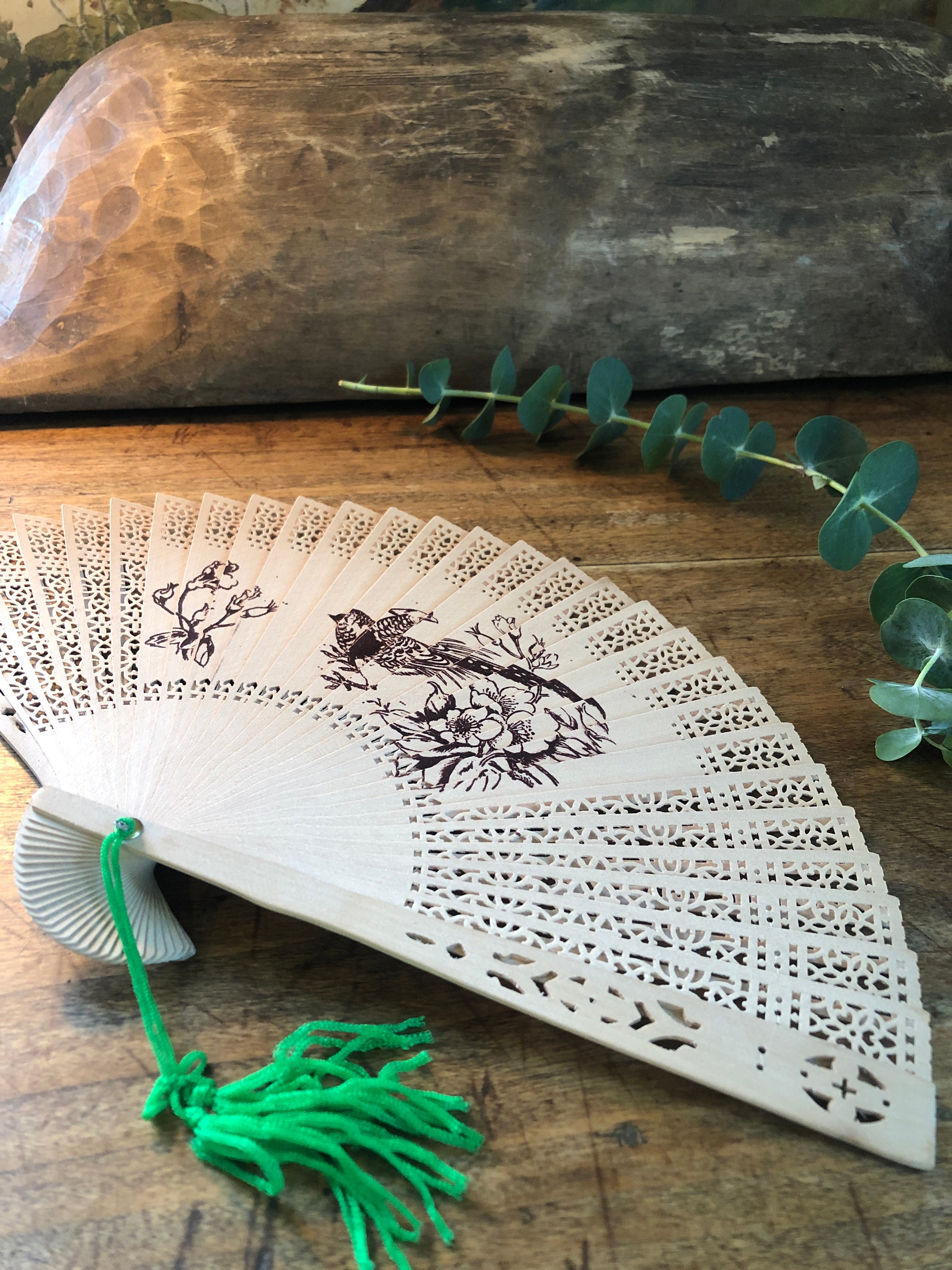 Wooden Hand Fan Folding Fan Asian Themed Two Sided Tasselled Pheasants ...