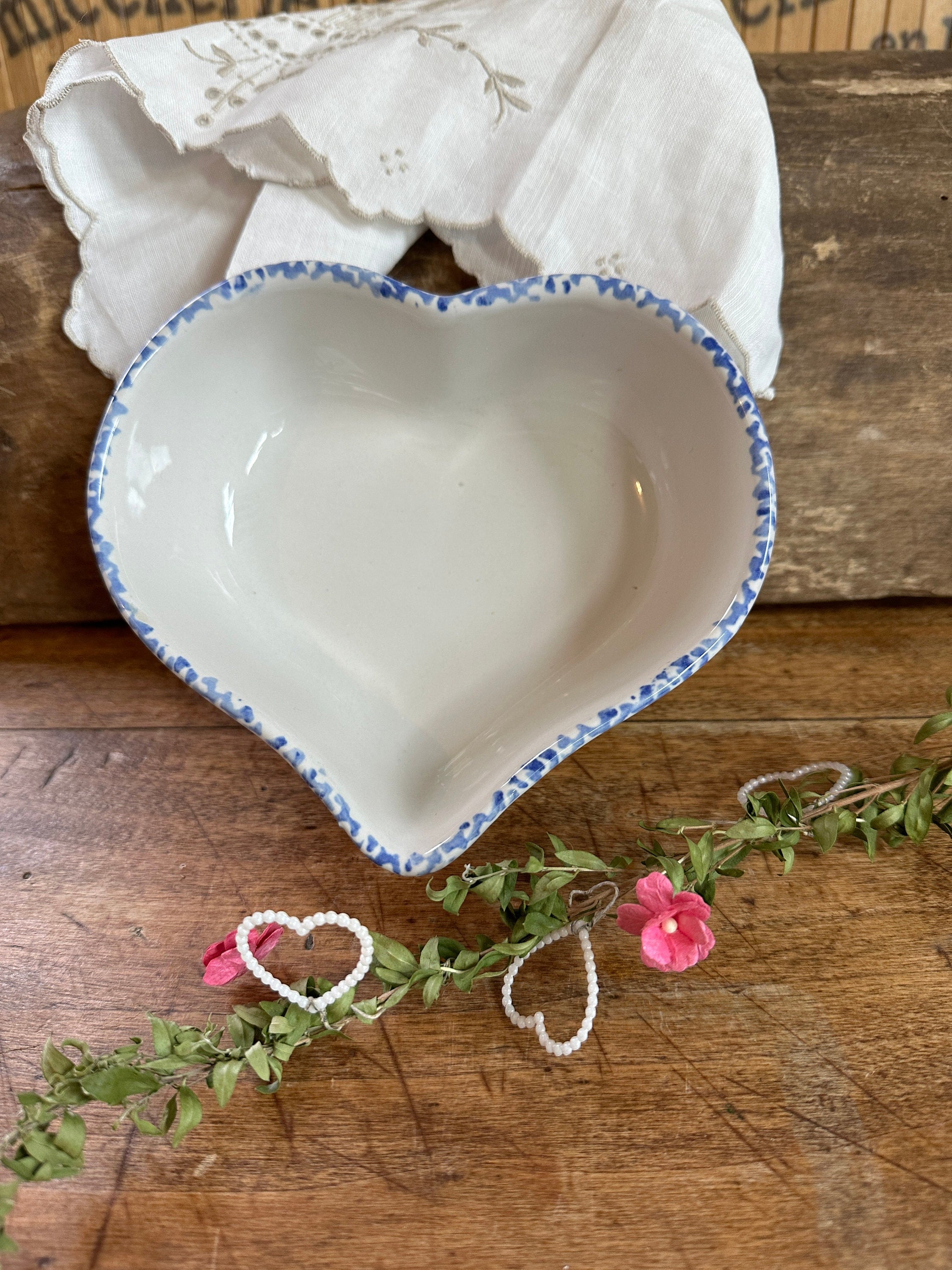 Blue and White Spongeware Heart Shaped Pottery Bowl Trinket Dish ...