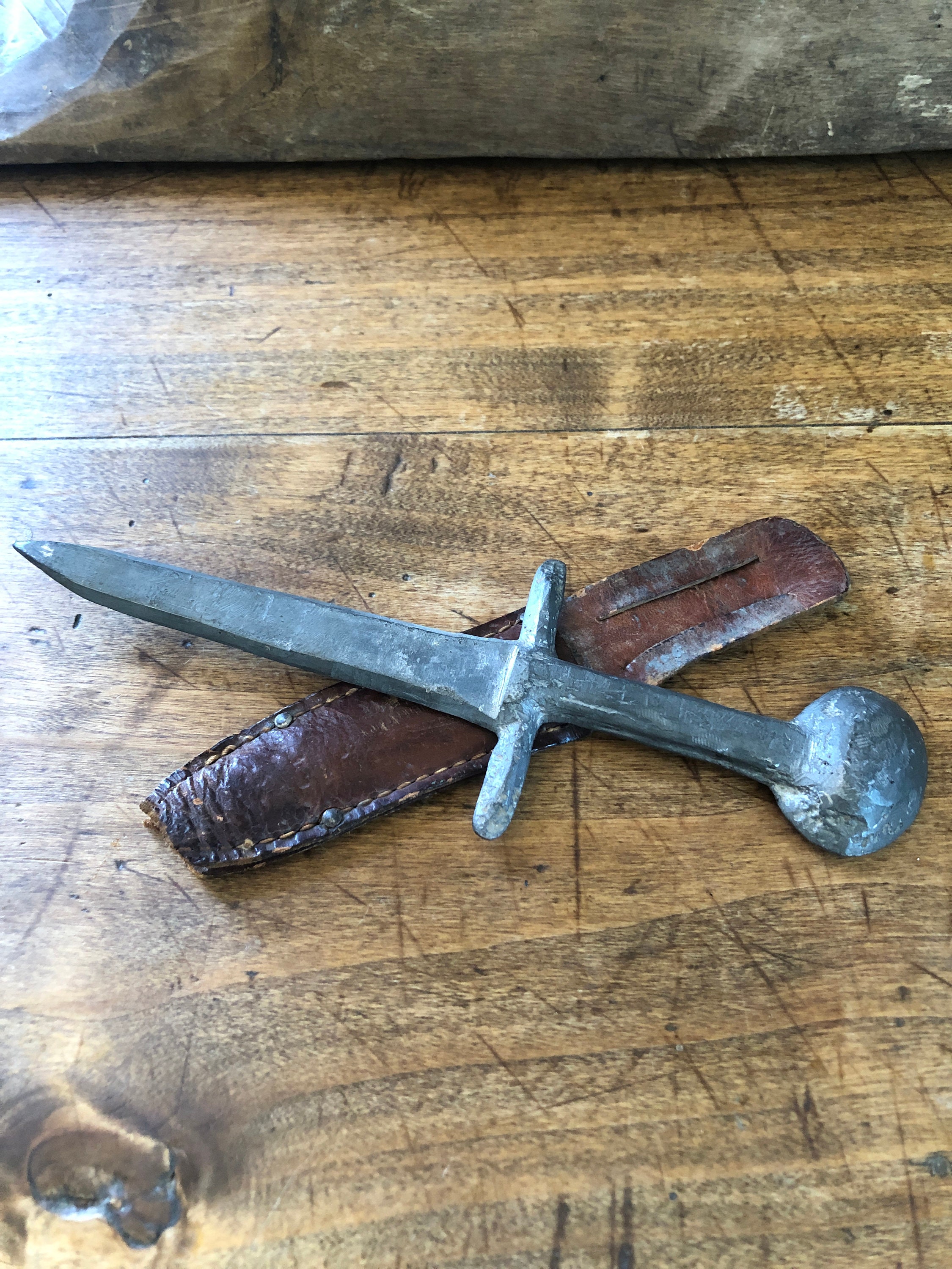 Hand Forged Rustic Dagger Leather Sheath Set Display - Etsy