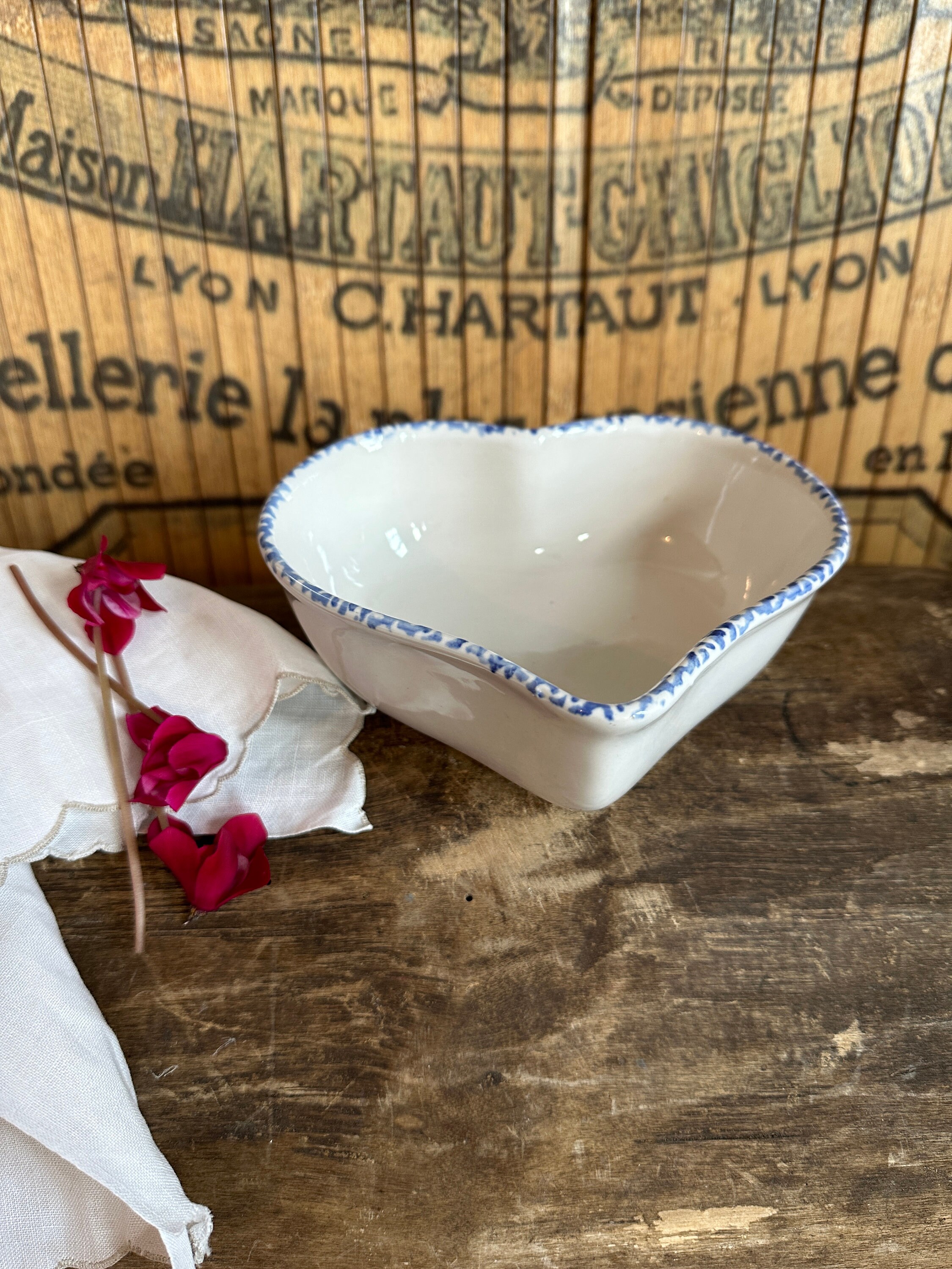 Blue and White Spongeware Heart Shaped Pottery Bowl Trinket Dish ...