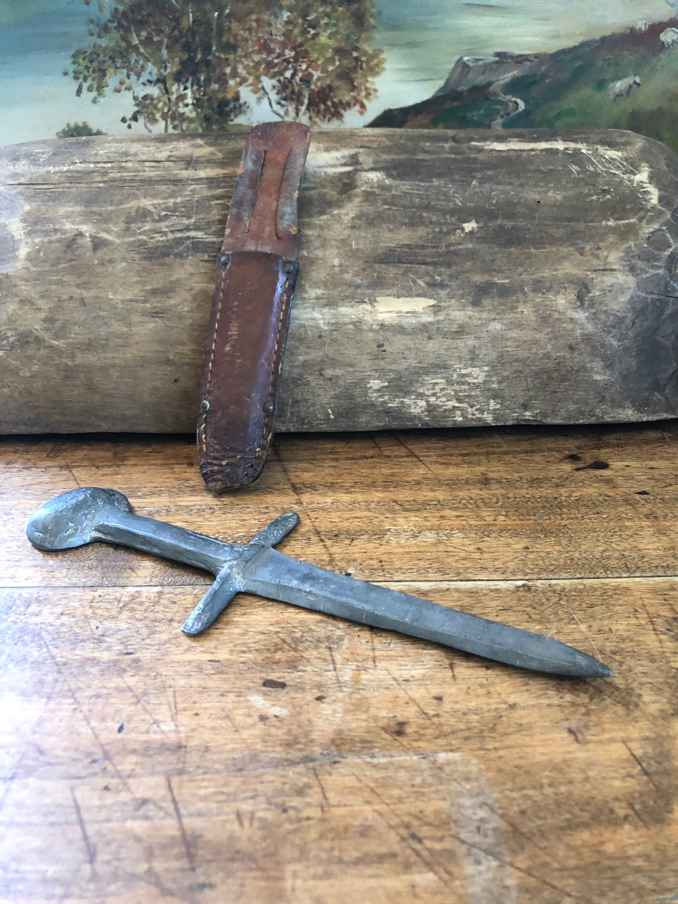 Hand Forged Rustic Dagger Leather Sheath Set Display - Etsy