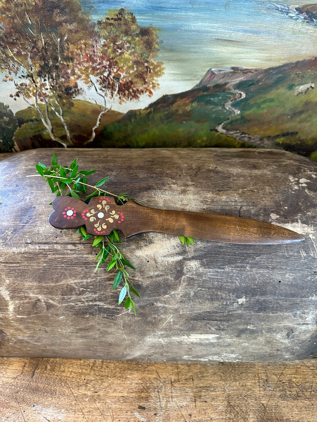 Wooden Welsh Knife Tole Painted Letter Opener Folk Art Heart Hand ...