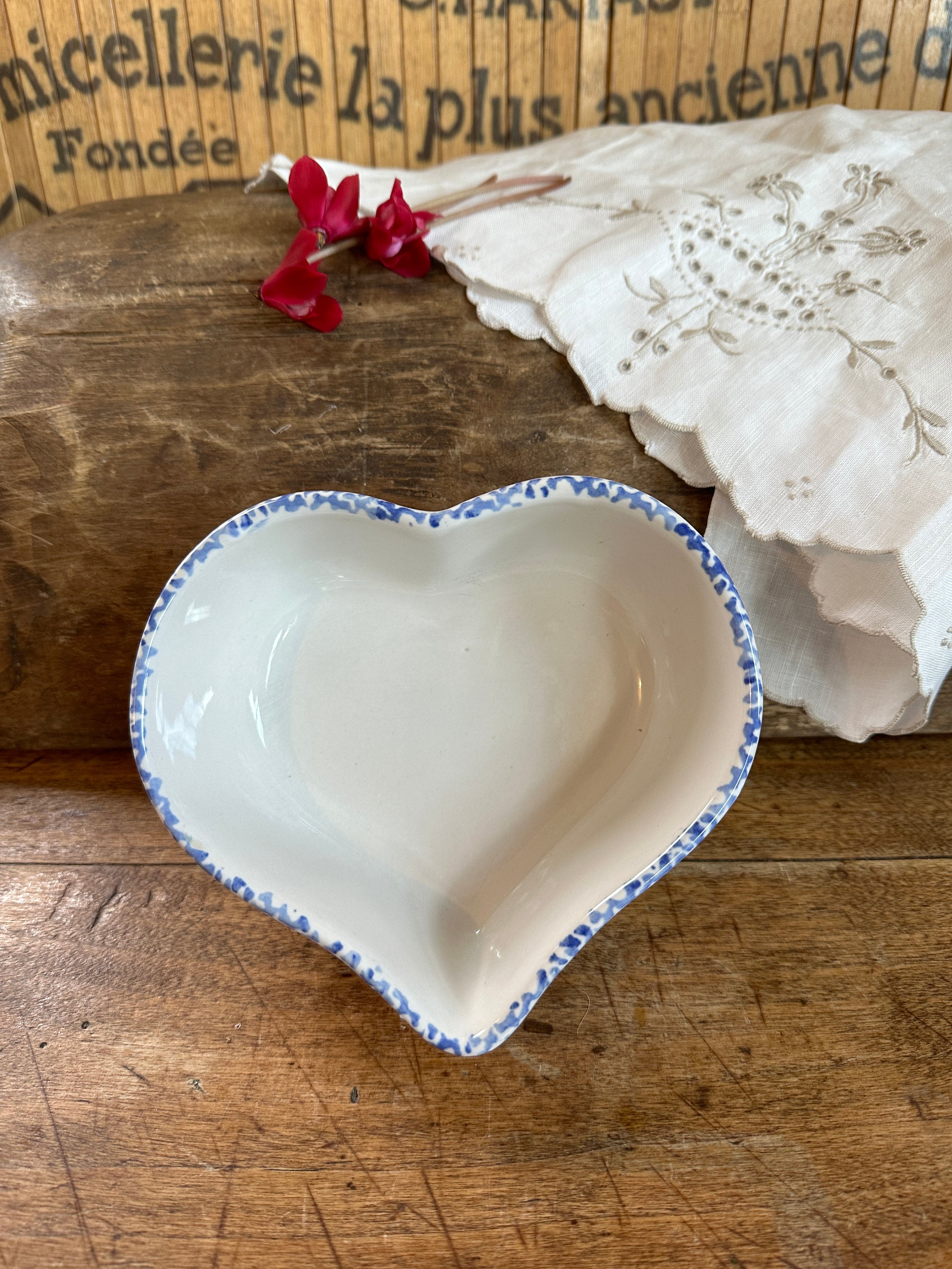 Blue and White Spongeware Heart Shaped Pottery Bowl Trinket Dish ...