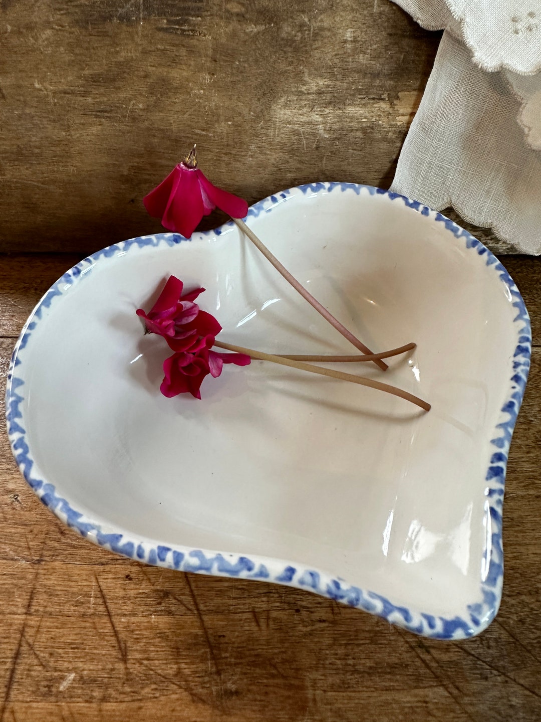 Blue and White Spongeware | Heart Shaped | Pottery | Bowl | Trinket ...